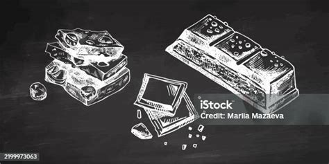 손으로 그린 초콜릿 바와 조각 빈티지 스타일 일러스트 빈티지 손으로 그린 초콜릿 조각 너트 칠판 배경에 자세한 그림 갈색에 대한 스톡 벡터 아트 및 기타 이미지 Istock