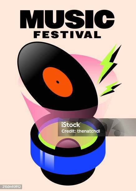 음악 축제 포스터 템플릿 디자인 비닐 레코드와 스피커 현대 빈티지 복고풍 스타일 뮤직 페스티발에 대한 스톡 벡터 아트 및 기타 이미지 뮤직 페스티발 음악 책자