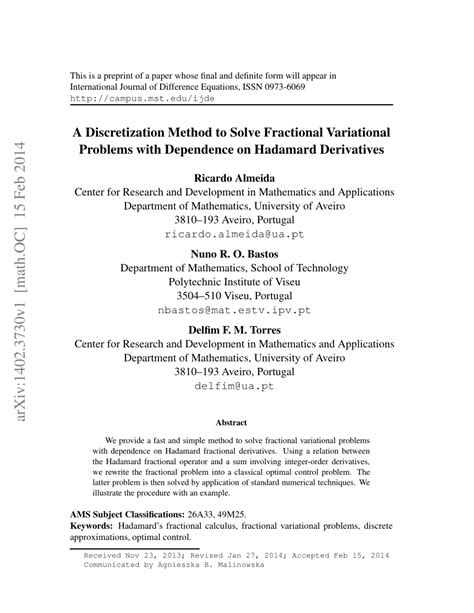 Pdf A Discretization Method To Solve Fractional Variational Problems With Dependence On