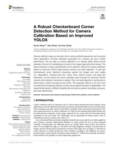 Pdf A Robust Checkerboard Corner Detection Method For Camera Calibration Based On Improved Yolox