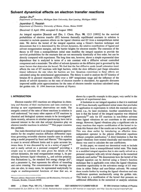 Pdf Solvent Dynamical Effects On Electron Transfer Reactions
