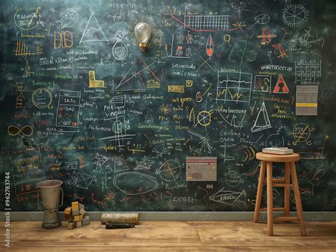 Creative Chalkboard Filled With Scientific Formulas And Diagrams In A Rustic Classroom Setting