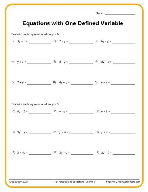 Variable Equations Worksheets