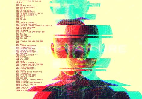 글리치 효과가 있는 남자의 3d 초상화 사이버펑크 스타일 인공 지능의 개념적 이미지 가상 현실 딥 러닝 및 얼굴 인식 시스템