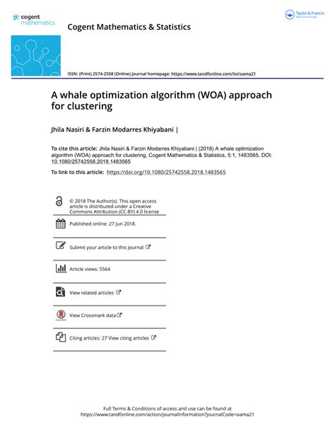 Pdf A Whale Optimization Algorithm Woa Approach For Clustering