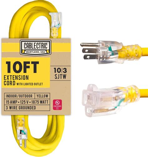 Cablectric 10 Ft Outdoor Extension Cord 10 3 SJTW Heavy Duty Yellow 10 Gauge Lighted