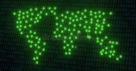 World Map Made Of Glowing Green Nodes And Binary Code Animation Stock