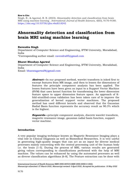 Pdf Abnormality Detection And Classiﬁcation From Brain Mri Using Machine Learning