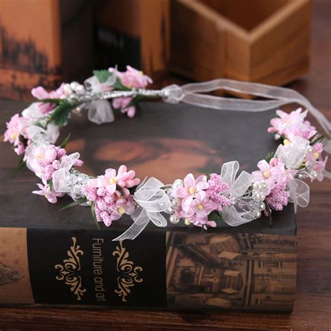 Badu Bg Розов венец изкуствени цветя ленти за глава за жени момичета флорални диадеми и