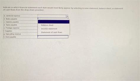 solved indicate in which financial statement each item would