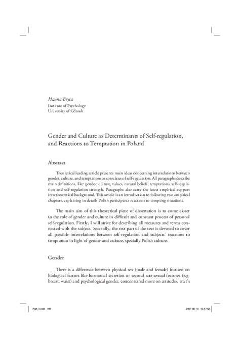 Pdf Gender And Culture As Determinants Of Self Regulation And Reactions To Temptation In Poland