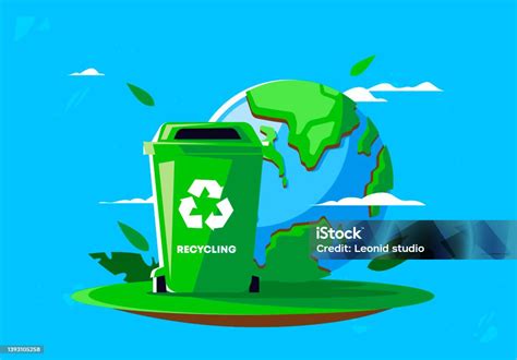 행성 지구 환경 보호 쓰레기 분류와 녹색 잎의 배경에 쓰레기통의 벡터 일러스트 레이 션 쓰레기통에 대한 스톡 벡터 아트 및 기타
