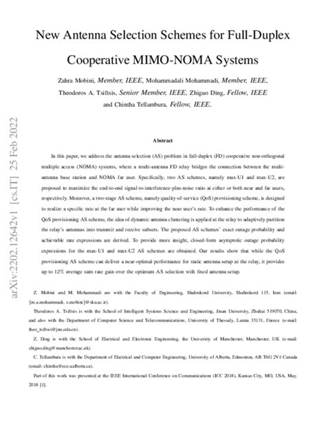 Pdf New Antenna Selection Schemes For Full Duplex Cooperative Mimo Noma Systems