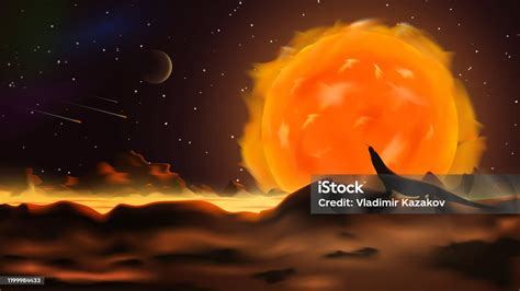 리얼리즘의 스타일에 환상적인 공간 풍경 하늘에 있는 커다란 불타는 태양과 지구상에 있는 용암의 강 붉은 노란색 태양의 배경에 도마뱀의 실루엣입니다 벡터 0명에 대한 스톡