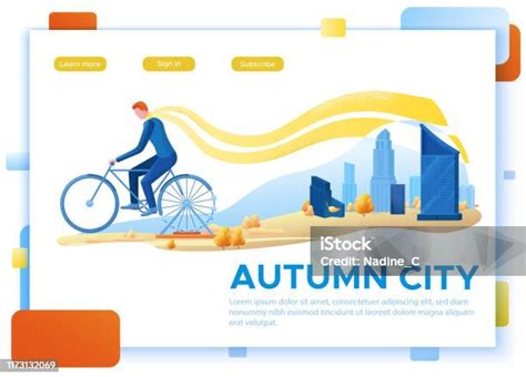 가을 도시 전망 풍경 공원에서 남자 사이클링과 관람수 현대 도시 풍경 배경 나뭇잎 가을 자전거와 만화 도시 풍경 벡터 일러스트 레이션 방문 페이지 템플릿 가을에 대한 스톡