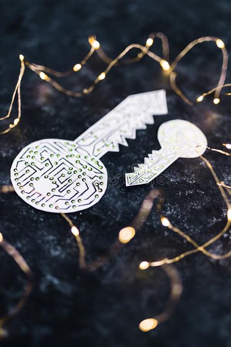 Big And Small Encryption Key Icon Made Of Circuits And Led Lights On