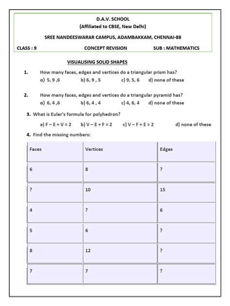 Class 9 Maths Concept Revision Visualising Solid Shapes 2024 2025 Pdf Shape Polytopes