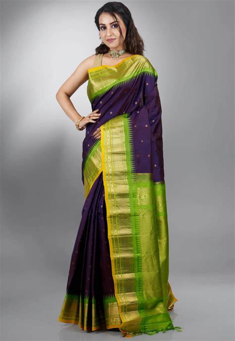 Navy Blue With Green Border Gadwal Pure Silk Saree With Blouse Piece