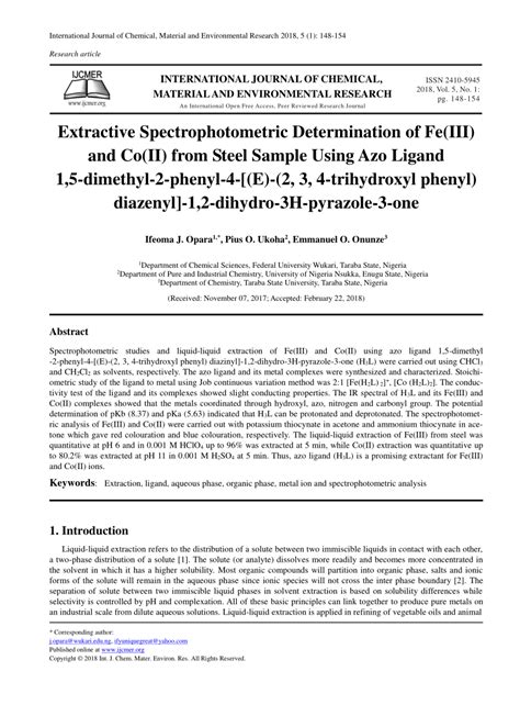 Pdf Extractive Spectrophotometric Determination Of Fe Iii And Co Ii From Steel Sample