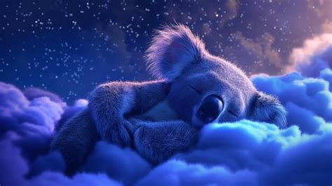Cute Koala Sleeping On Clouds Against A Dark Blue Night Sky With Stars