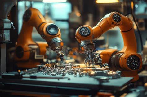 Industrial Robots Assembling Components In A Modern Manufacturing