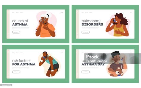 캐릭터는 천식 랜딩 페이지 템플릿 세트로 고통받습니다 성인 노인 및 어린이는 흡입기 호흡기 질환을 사용합니다 개념에 대한 스톡