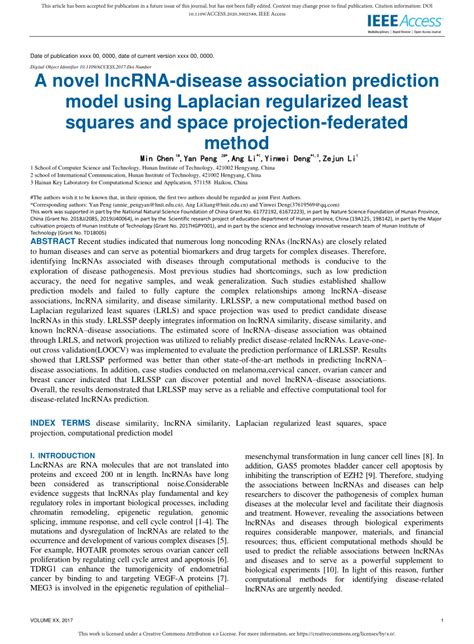 Pdf A Novel Lncrna Disease Association Prediction Model Using Laplacian Regularized Least