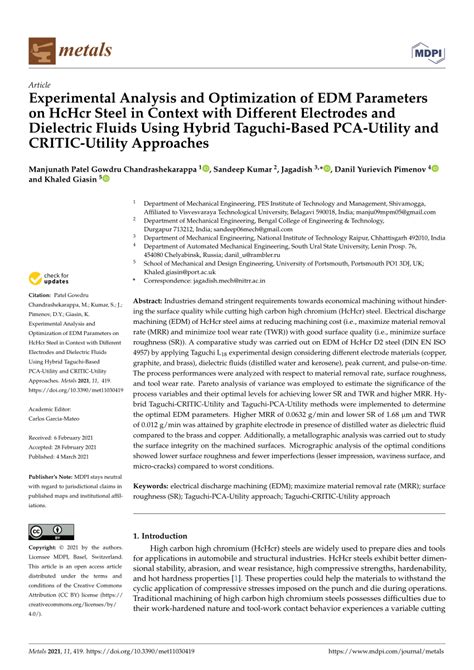 Pdf Experimental Analysis And Optimization Of Edm Parameters On Hchcr