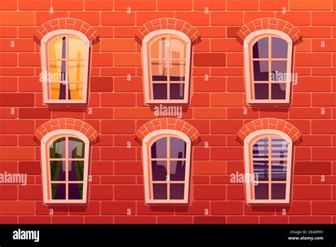 Classic Arched Windows On Red Brick Wall With Curtains And Blinds City Reflection In Glass