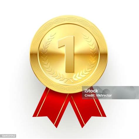빨간 리본 사실적인 벡터 일러스트로 1위를 차지한 트로피 금메달 챔피언 1위 3차원 형태에 대한 스톡 벡터 아트 및 기타 이미지 3차원 형태 보석 개인 장식품