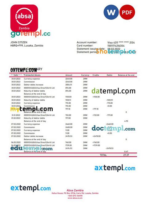 Doctempl Zambia Absa Banking Statement Template In Word And Pdf Format Page 1
