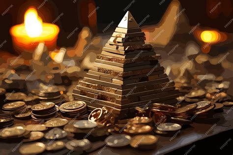 Золотая пирамида и монеты, изолированные на белом фоне 3D-иллюстрация ...