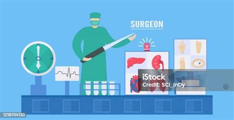 병원에서 외과 의사는 수술을 연습하는 의료 전문가입니다 간 심장 폐 신장의 저장등 환자 치료의 워크플로 부분입니다 플랫 디자인