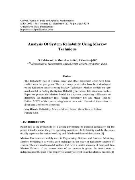 Reliability Research Paper Pdf Reliability Engineering Markov Chain