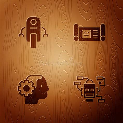 Set Robot Humanoid Robot And Blueprint On Wooden Background Vector Stock Vector