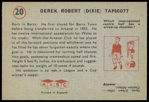 Aandbc ‘footballers 1958 59 Planet 1958 Derek Tapscott Arsenal Cardhawk