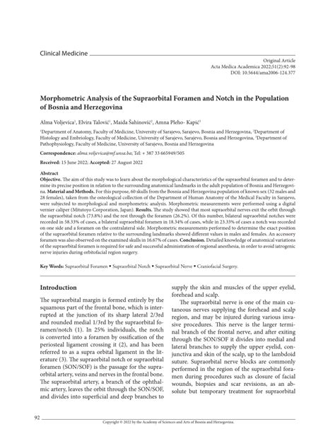 Pdf Morphometric Analysis Of The Supraorbital Foramen And Notch In The Population Of Bosnia