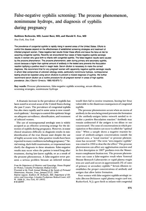 Pdf False Negative Syphilis Screening The Prozone Phenomenon Nonimmune Hydrops And