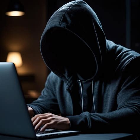Premium Ai Image Hacker With Black Hoodie Working On Laptop Computer