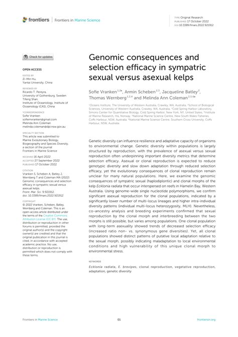 Pdf Genomic Consequences And Selection Efficacy In Sympatric Sexual Versus Asexual Kelps