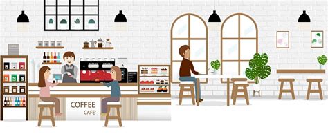아늑한 카페에있는 사람들 커피 숍 인테리어 고객 및 웨이트리스 벡터 일러스트 레이 션 아늑한 분위기의 세련된 커피 하우스