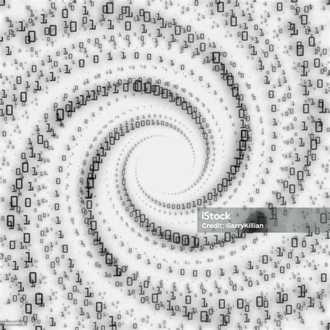 벡터 데이터 흐름 시각화입니다 이진 숫자 문자열로 회색조 큰 데이터 흐름 무한대 터널에서 트위스트 정보 코드 스트림 표현입니다