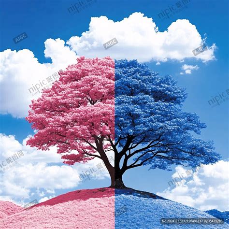 Ai创作图一树两色 两颗枫树 一树二色 两颗红枫树 蓝天白云绿茵茵大树 两颗树 二棵大树 2棵树 红白蓝相间梦幻秋色 蓝天大树风景画 两树同体 两棵大树 二树合一 两棵树相拥 两片树子