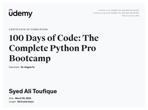 Completed The Udemy Course 100 Days Of Code The Complete Python