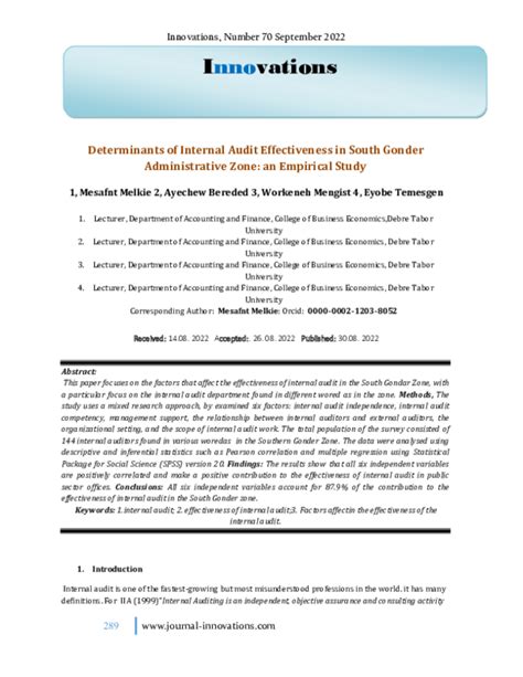 Pdf Determinants Of Internal Audit Effectiveness In South Gonder