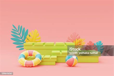 다채로운 팽창식 반지 비치 볼 및 야자 잎 3d 렌더링이있는 여름 디스플레이 수박에 대한 스톡 사진 및 기타 이미지 수박 3차원 형태 계절 Istock