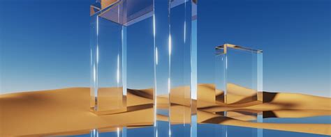 3d 렌더링 추상적인 사막 풍경 화창한 날 맑고 푸른 하늘 노란 모래 언덕과 평평한 표면 거울 반사 기하학적 사각형 유리 모양 미니멀리스트 미적 벽지 0명에 대한 스톡 사진