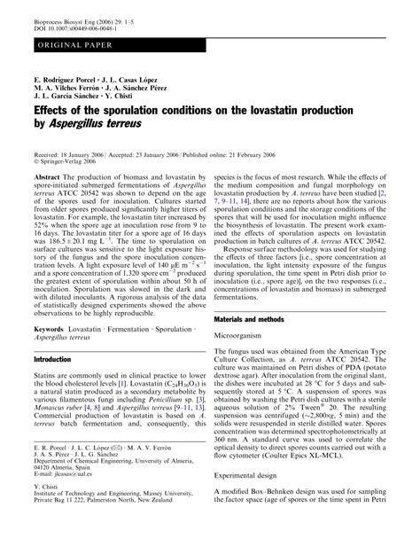 Pdf Effects Of The Sporulation Conditions On The Lovastatin