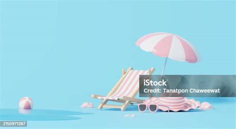 바다가 있는 파란색 배경에 해변 의자 모자 우산이 있는 최소한의 여름 장면 3d 렌더링 3차원 형태에 대한 스톡 사진 및 기타