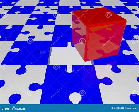 Red Cube On Puzzle Pieces In Blue And White Colors Stock Illustration Illustration Of Concept